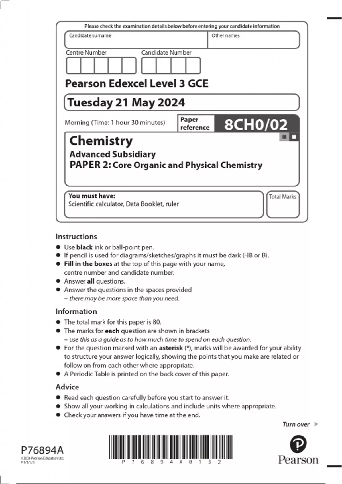 BUNDLE ::: Pearson Edexcel Level 3 GCE Chemistry Question Paper with ...