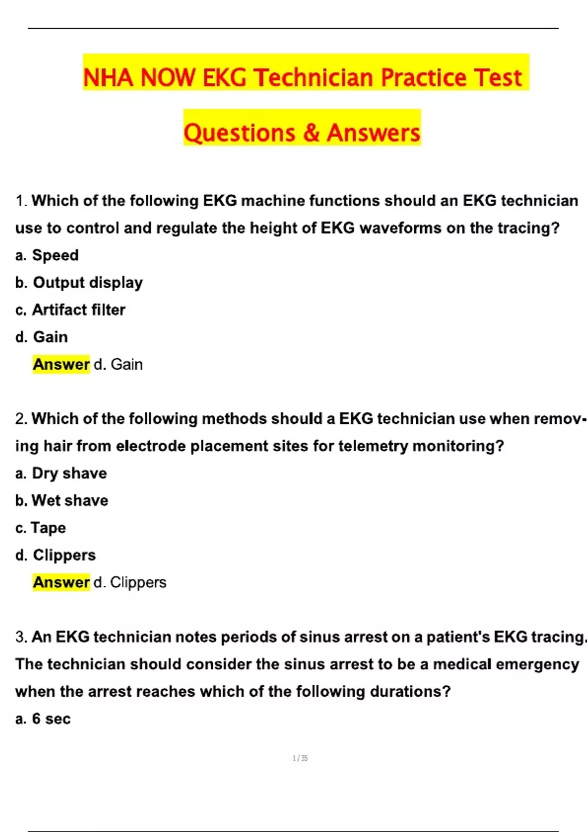 NHA NOW EKG Technician Practice Test (Latest 2025 / 2026 Update ...