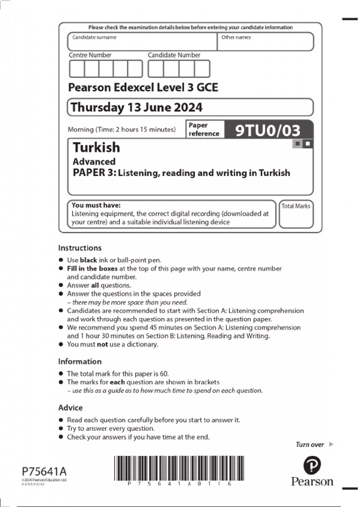 Pearson Edexcel Level 3 GCE Turkish Advanced PAPER 1: Translation into ...