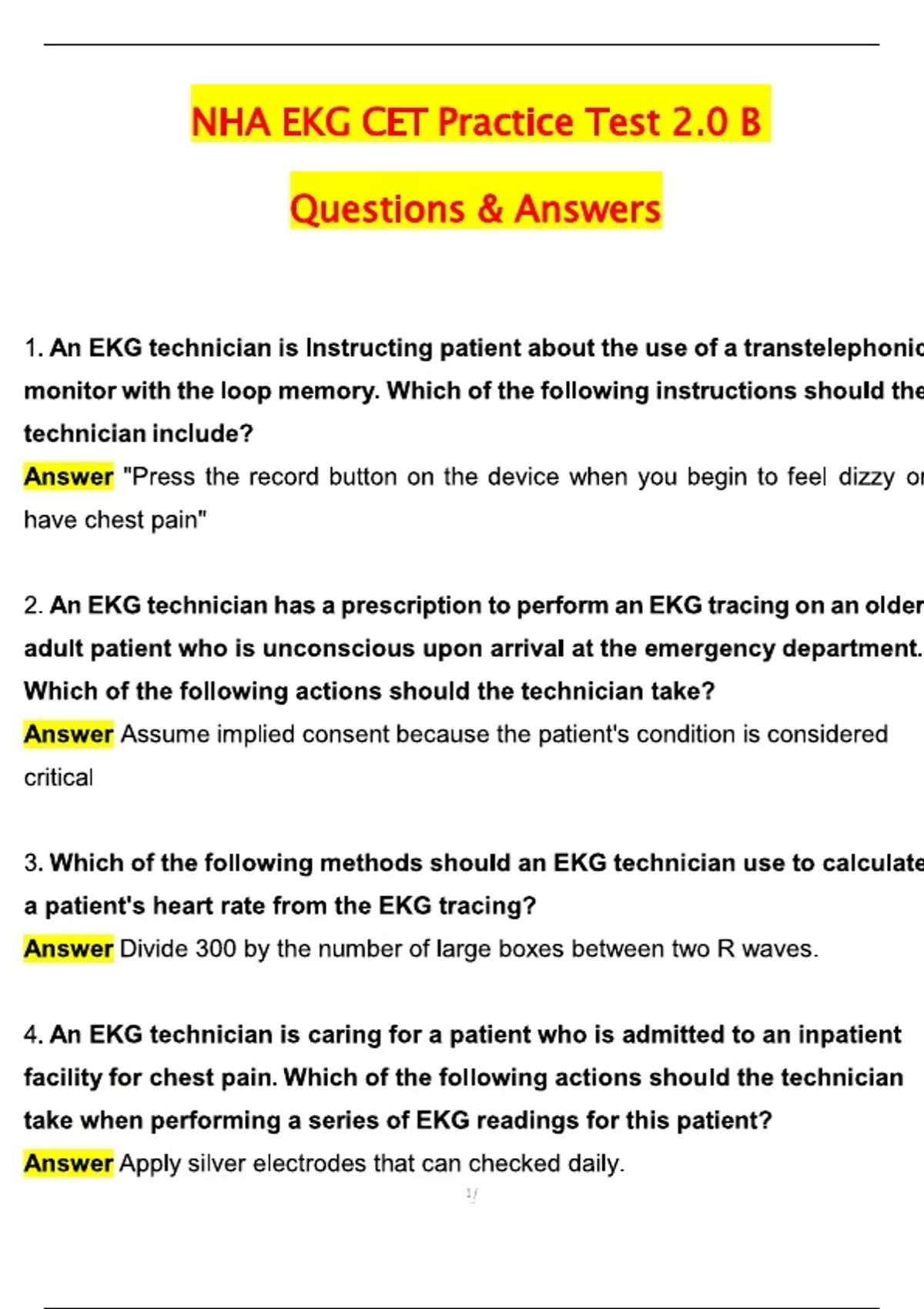 NHA EKG CET Practice Test 2.0 B (Latest 2025 / 2026 Update) Questions ...