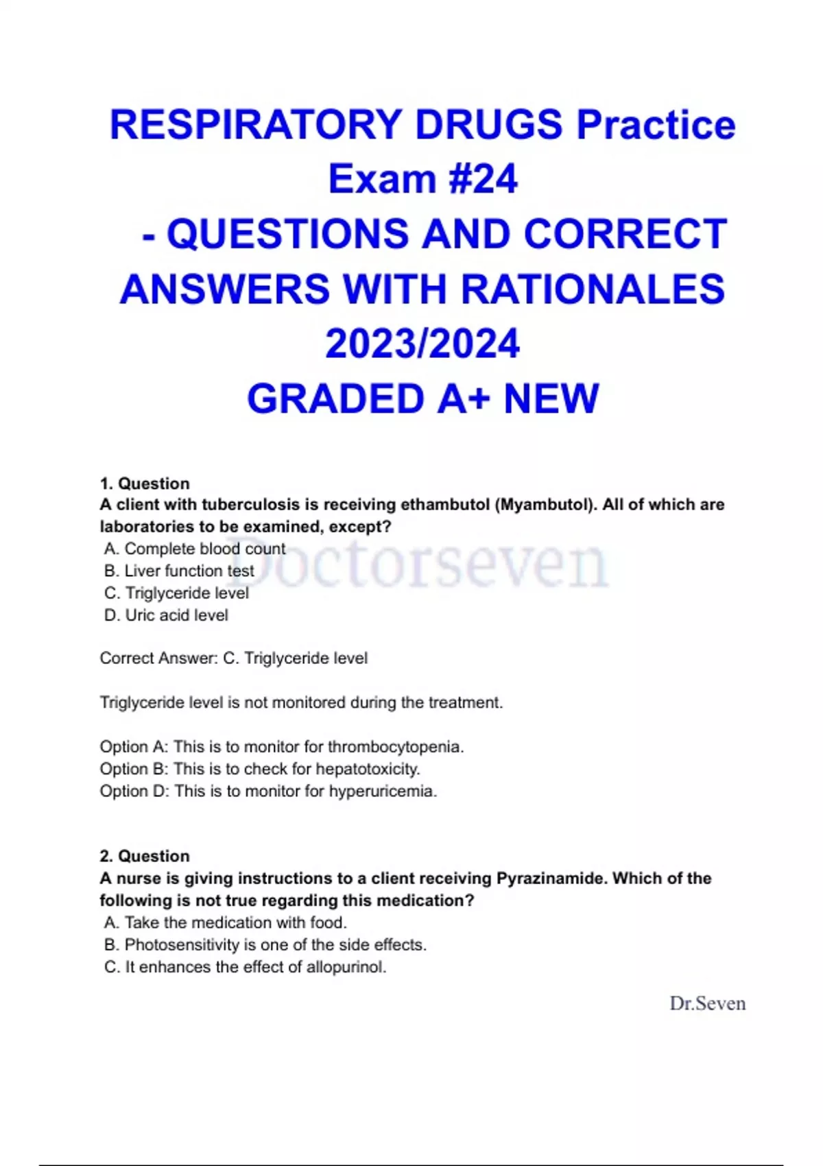 RESPIRATORY DRUGS Practice Exam #24 - QUESTIONS AND CORRECT ANSWERS ...