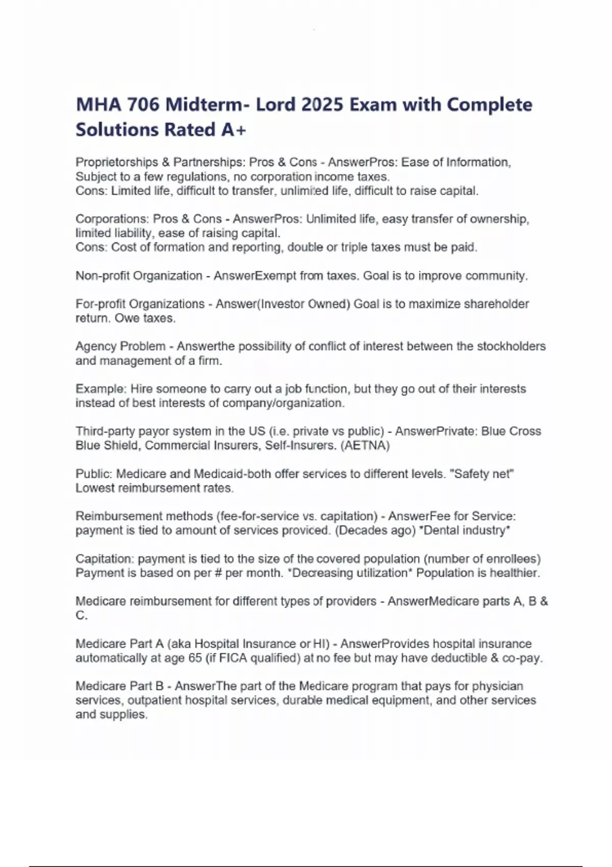 MHA 706 Midterm- Lord 2025 Exam with Complete Solutions Rated A+ - Mha ...