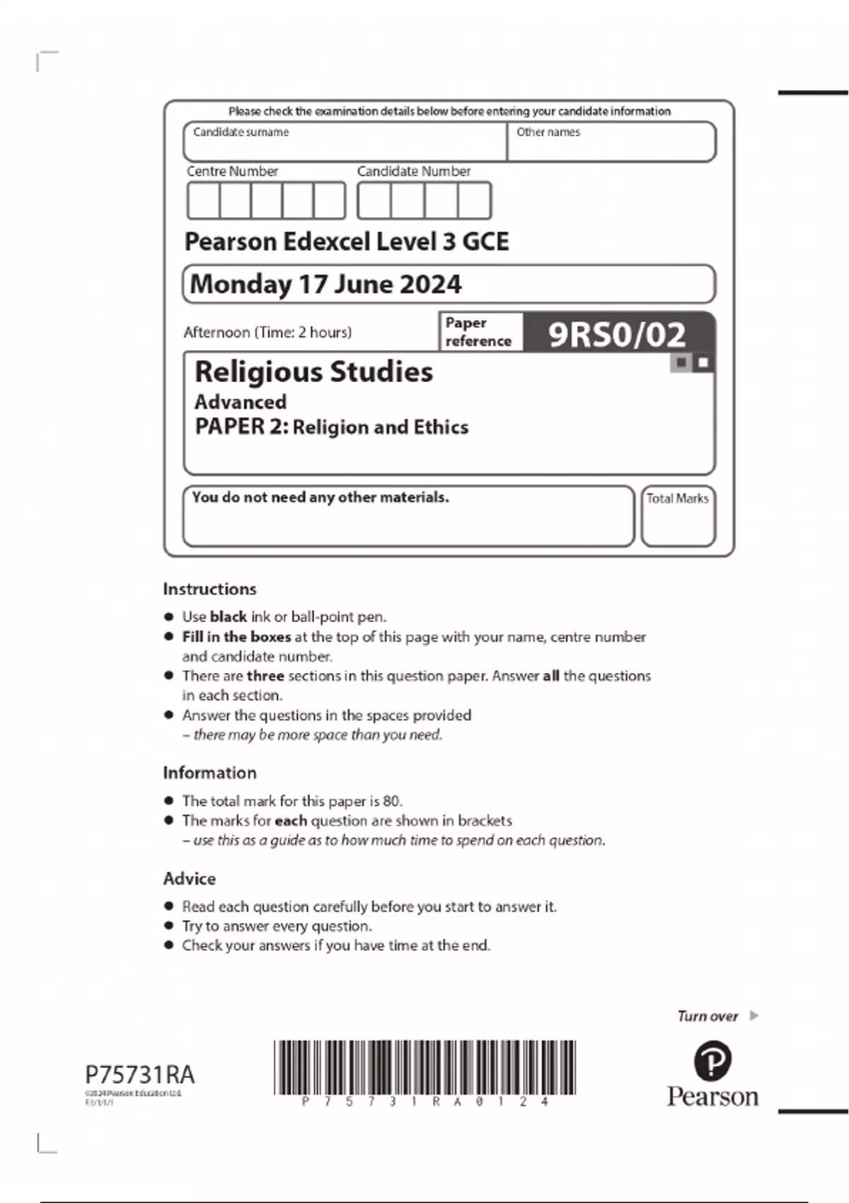 Pearson Edexcel Level 3 GCE Religious Studies Advanced PAPER 2 ...