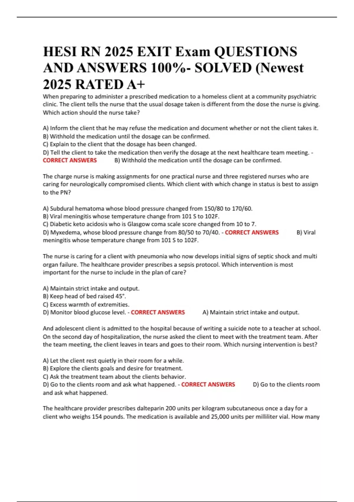 Summary HESI RN 2025 EXIT Exam QUESTIONS AND ANSWERS 100%- SOLVED ...