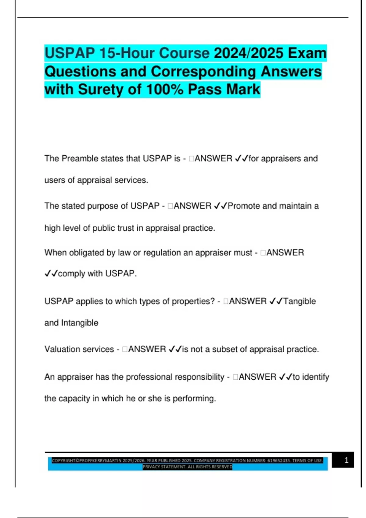 USPAP 15-Hour Course 2024/2025 Exam Questions and Corresponding Answers ...