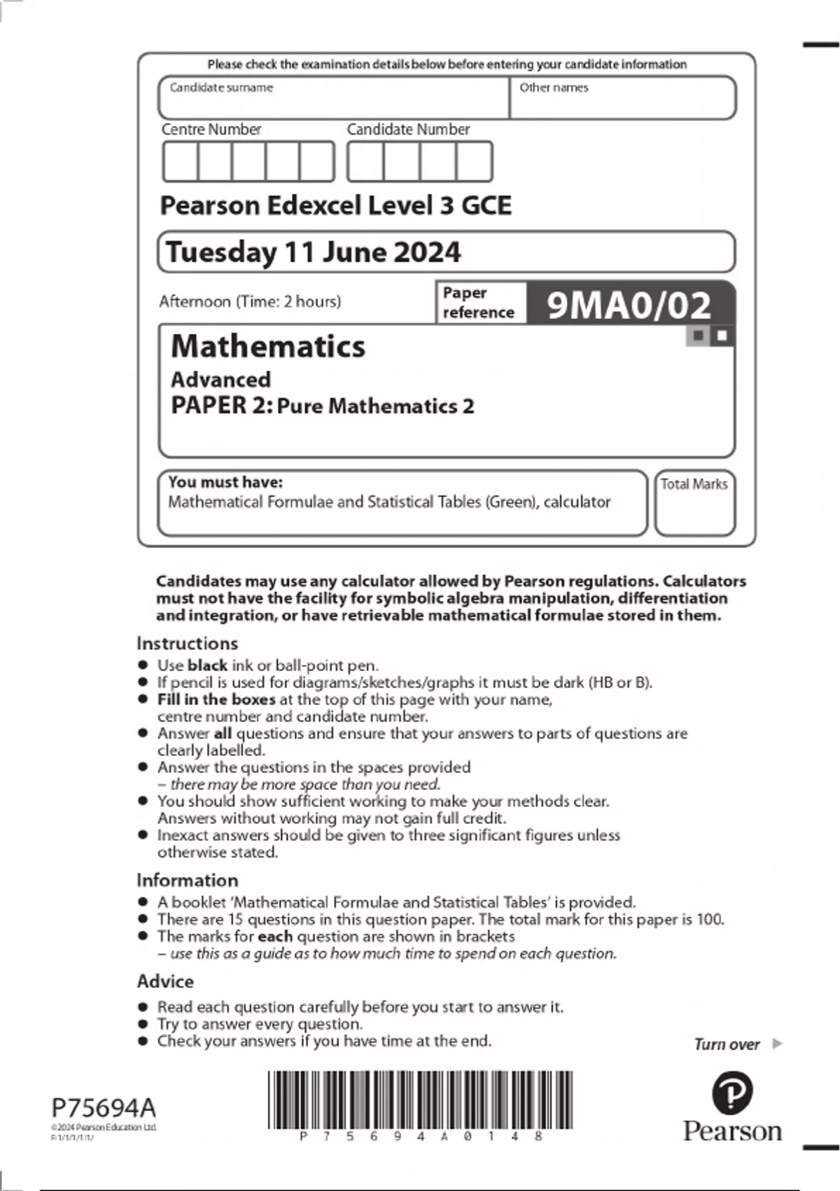 Pearson Edexcel Level 3 GCE Mathematics Advanced PAPER 2: Pure ...