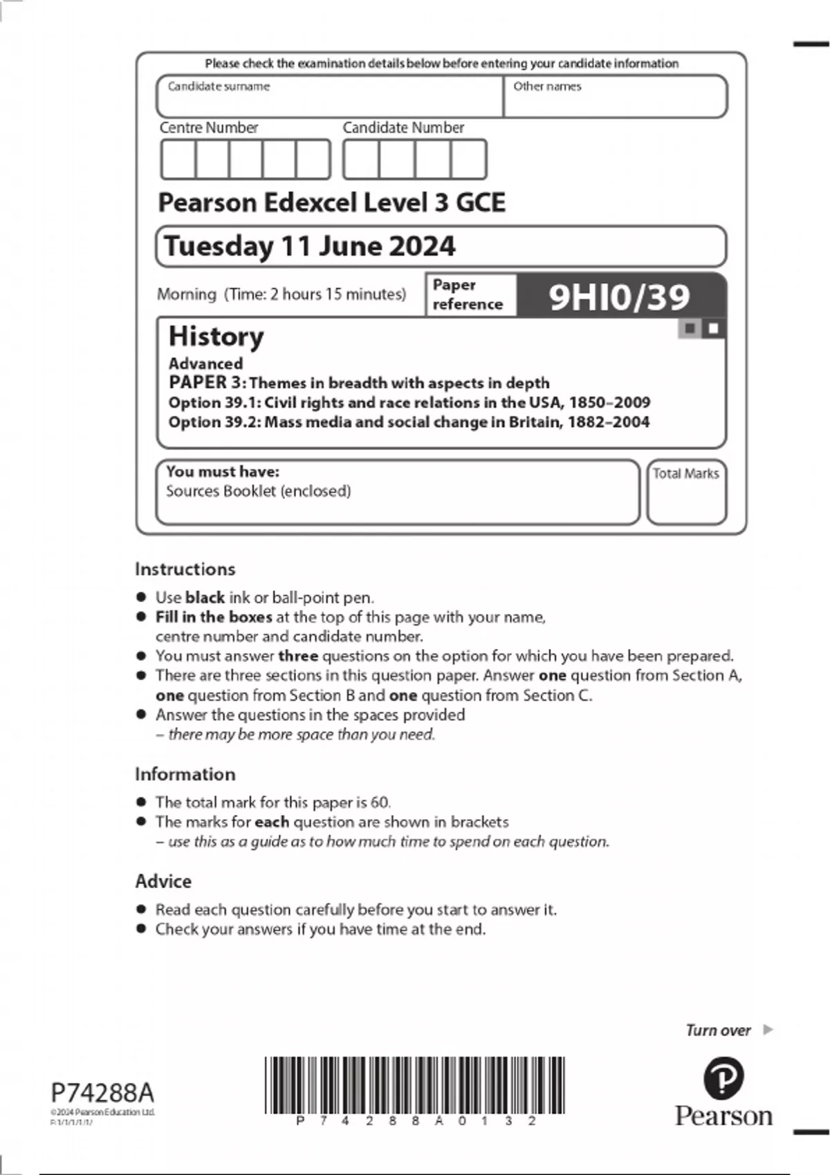 Pearson Edexcel Level 3 GCE History Advanced PAPER 3: Themes in breadth ...