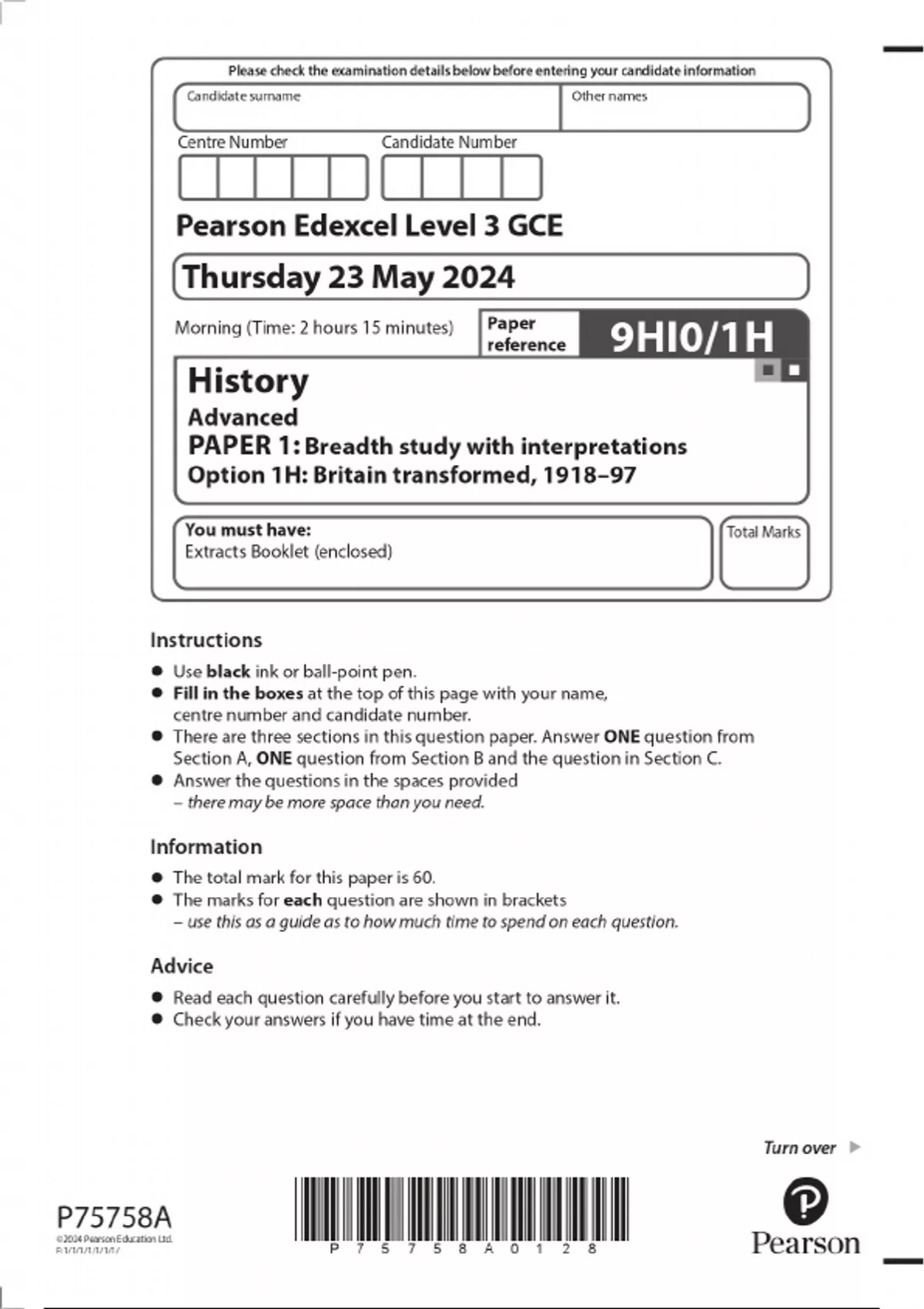 Pearson Edexcel Level 3 GCE History Advanced PAPER 1: Breadth study ...