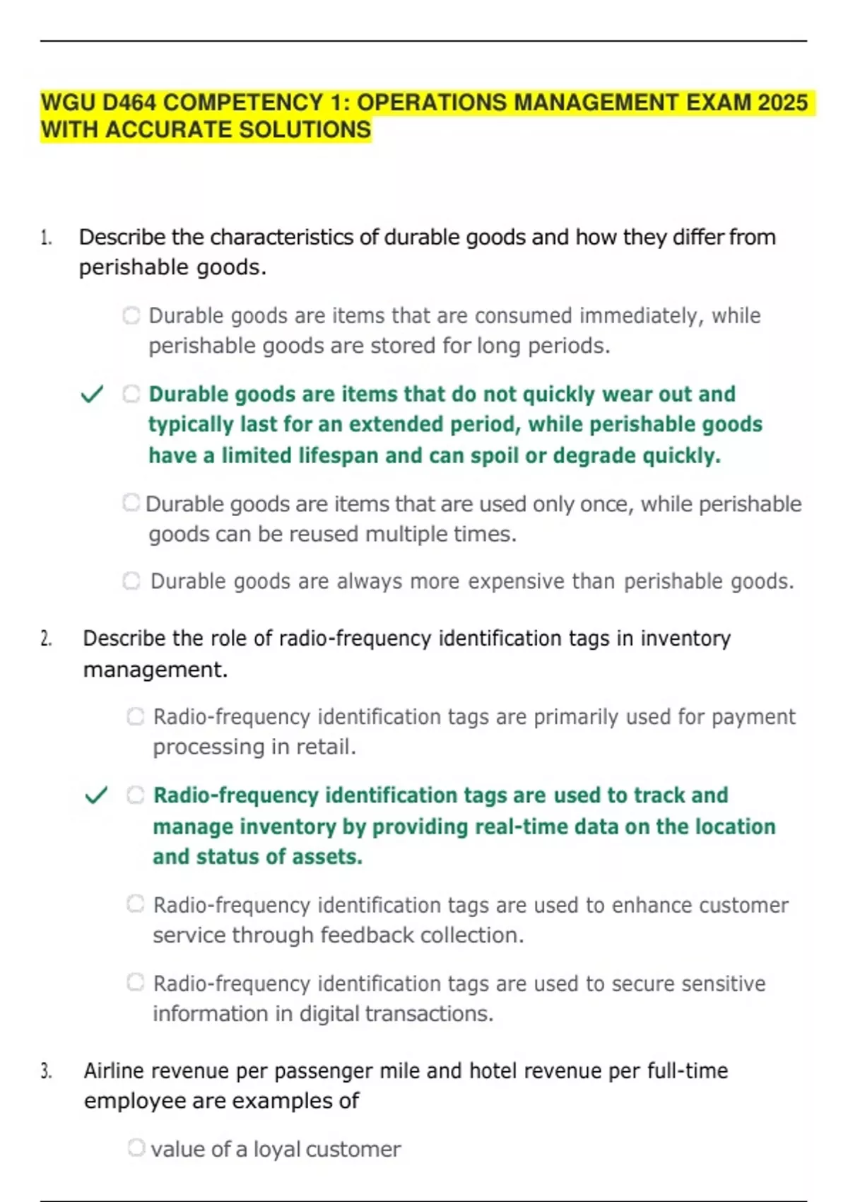 WGU D464 COMPETENCY 1: OPERATIONS MANAGEMENT EXAM 2025 WITH ACCURATE ...