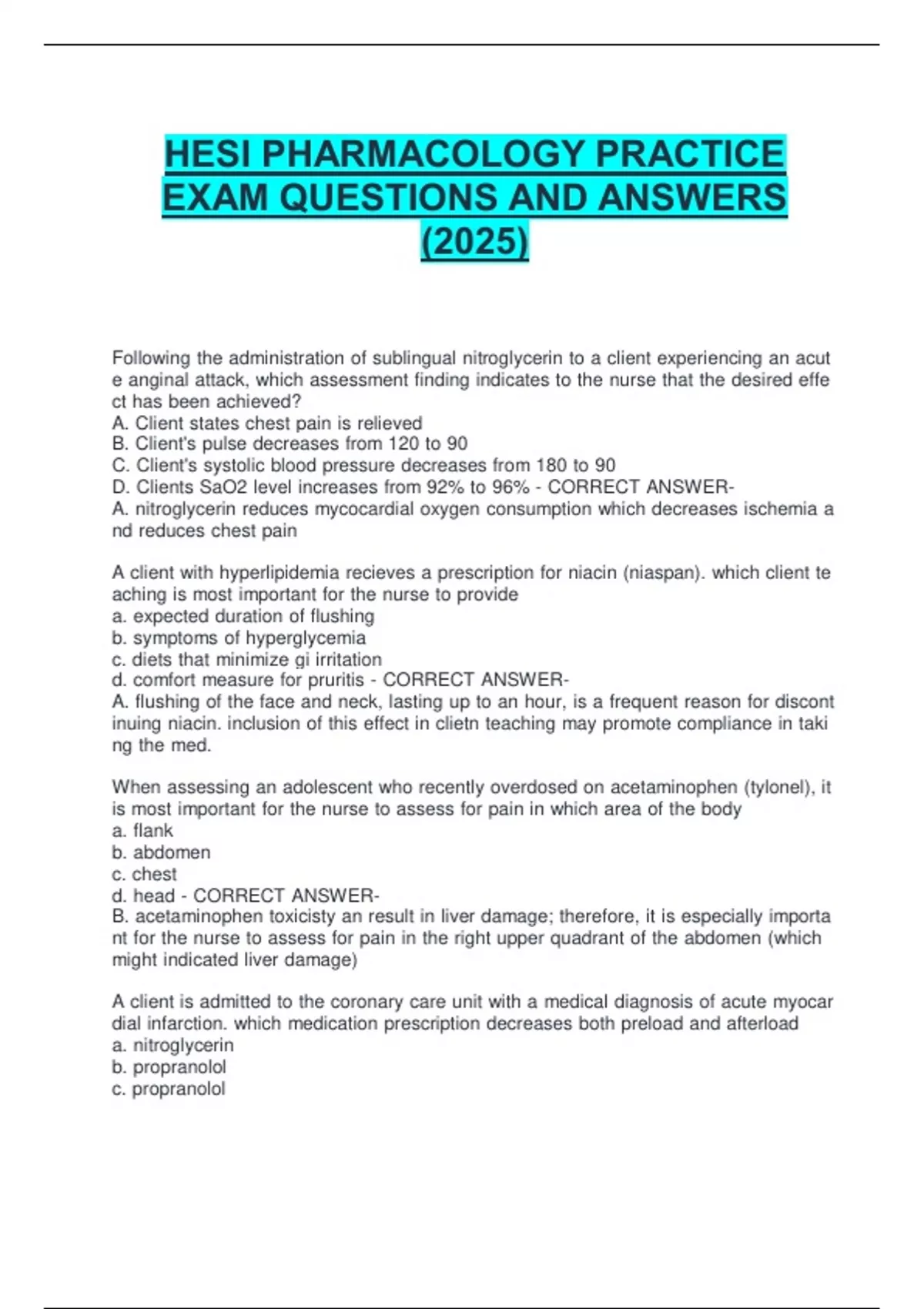 HESI PHARMACOLOGY PRACTICE EXAM QUESTIONS AND ANSWERS (2025) - HESI PHARM - Stuvia US
