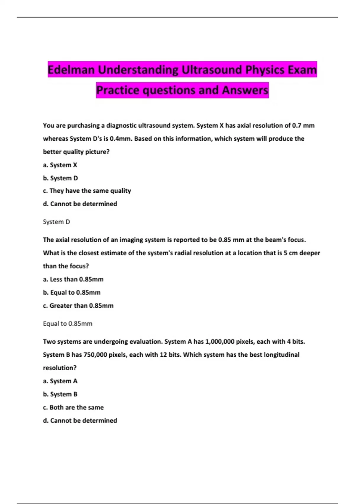 Edelman Understanding Ultrasound Physics Exam Practice questions and ...