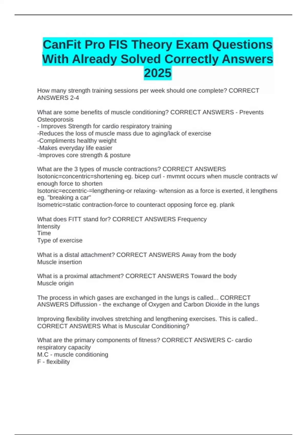 CanFit Pro FIS Theory Exam Questions With Already Solved Correctly Answers 2025 - CanfitPro ...