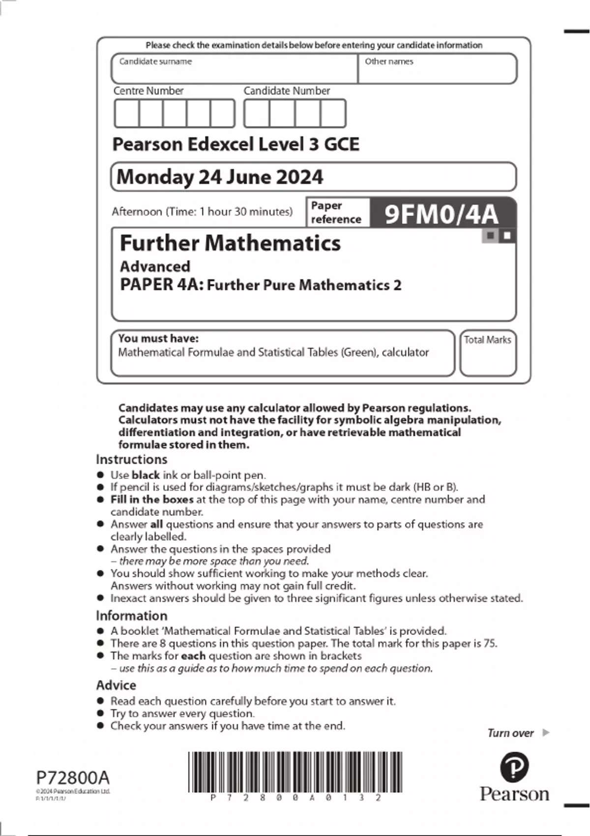 Pearson Edexcel Level 3 GCE Further Mathematics Advanced PAPER 4A ...