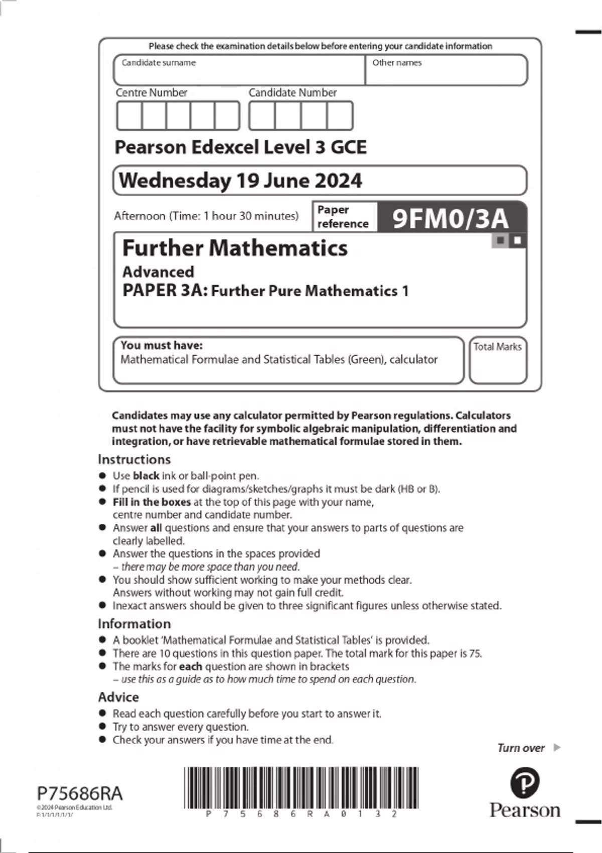 Pearson Edexcel Level 3 GCE Further Mathematics Advanced PAPER 3A ...