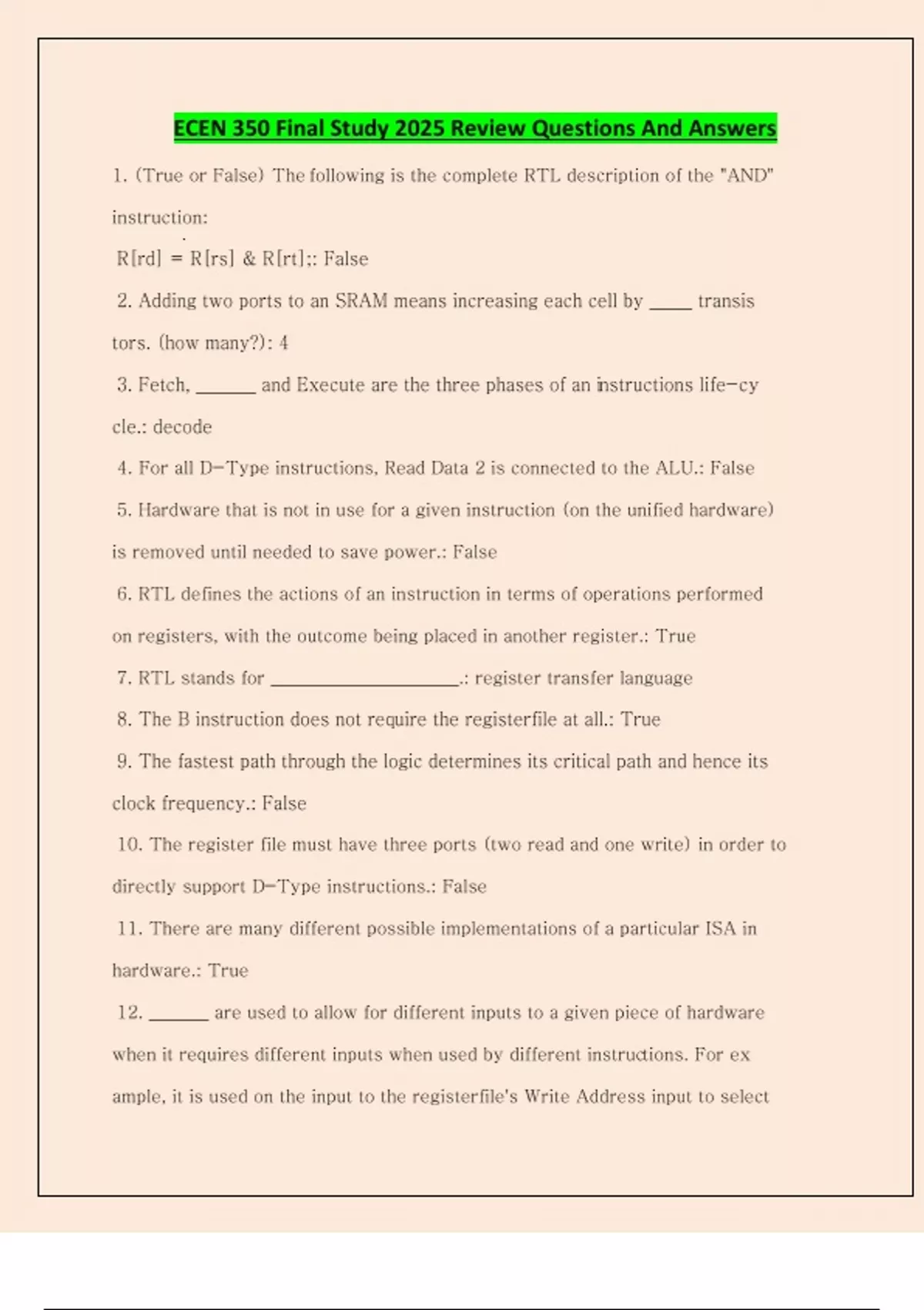 ECEN 350 Final Study 2025 Review Questions And Answers - ECEN 350 ...