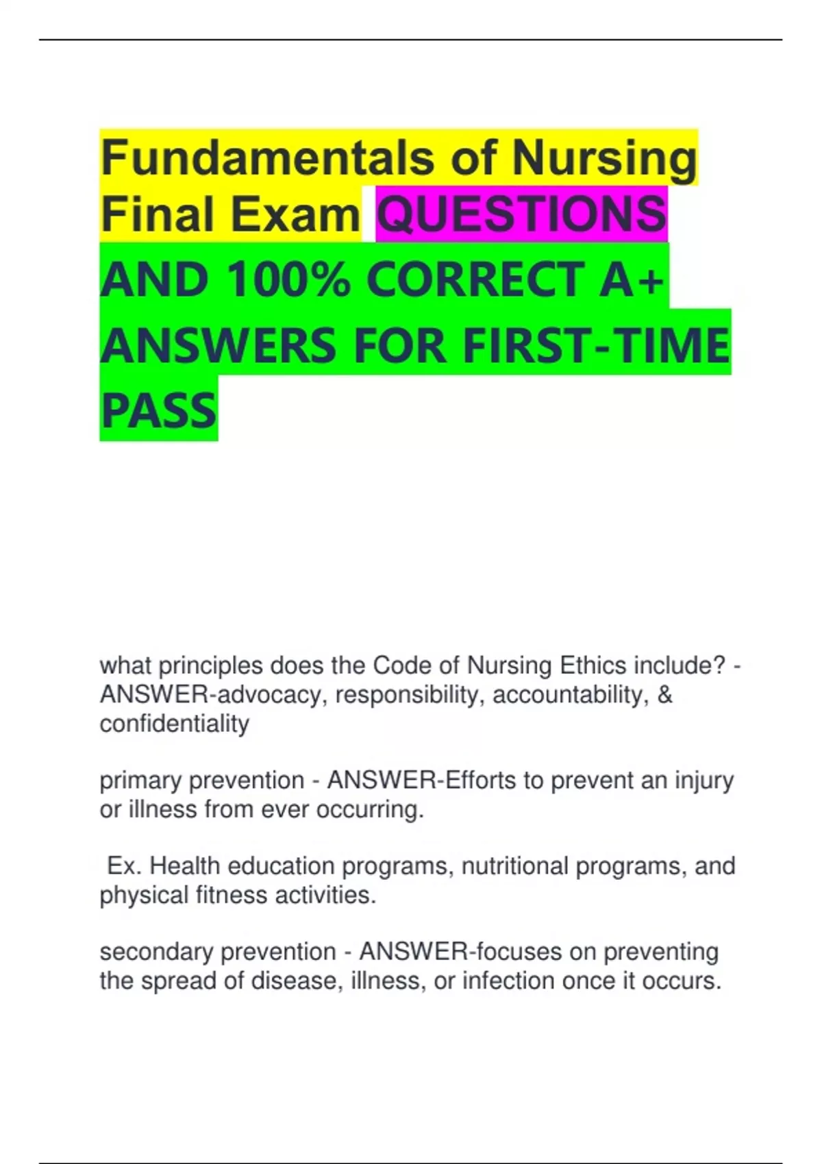 Fundamentals of Nursing Final Exam QUESTIONS AND 100% CORRECT A+ ...
