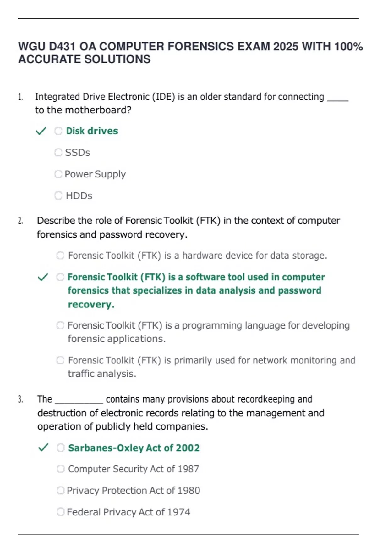 WGU D431 OA COMPUTER FORENSICS EXAM 2025 WITH 100% ACCURATE SOLUTIONS ...