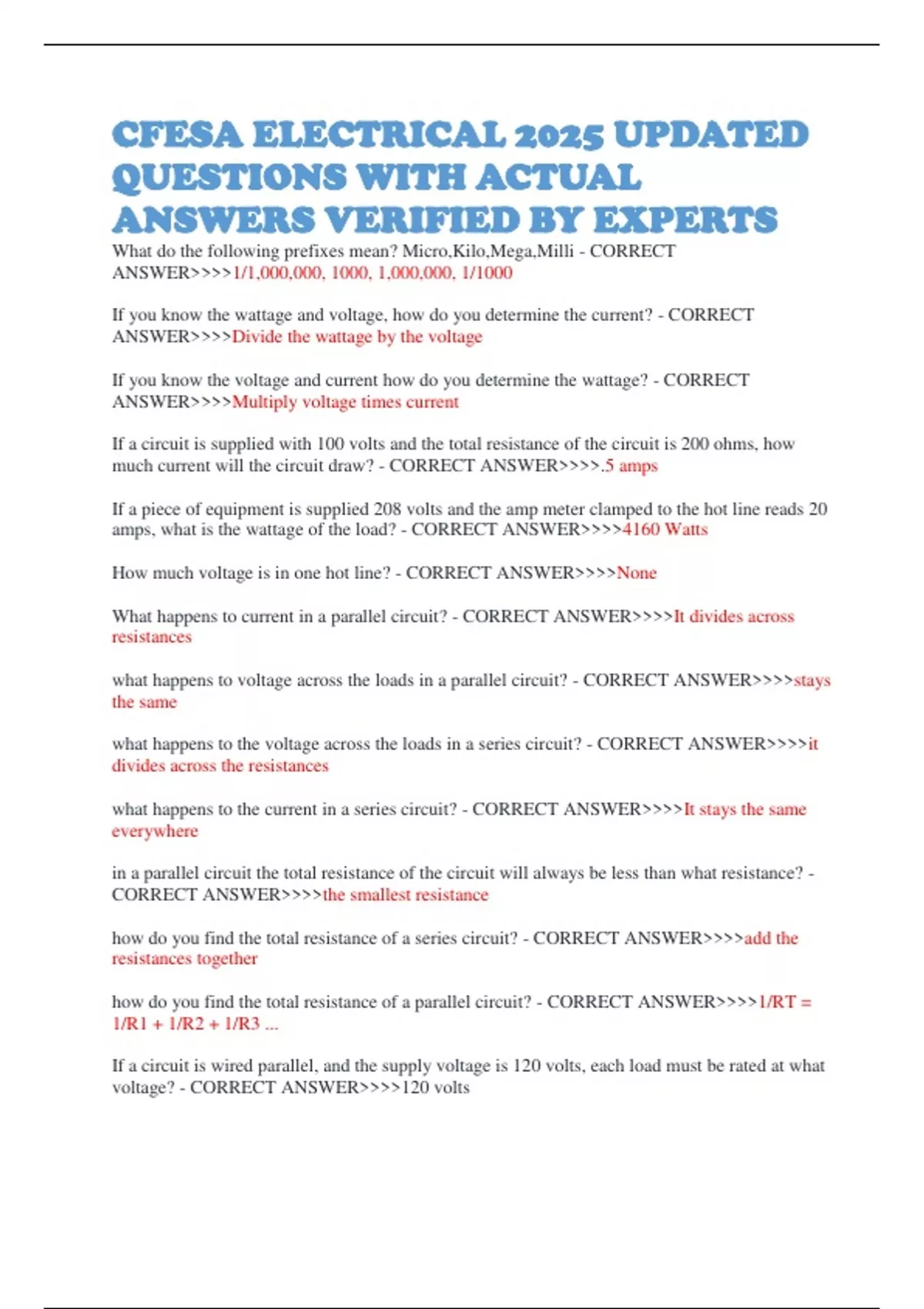 CFESA ELECTRICAL 2025 UPDATED QUESTIONS WITH ACTUAL ANSWERS VERIFIED BY ...