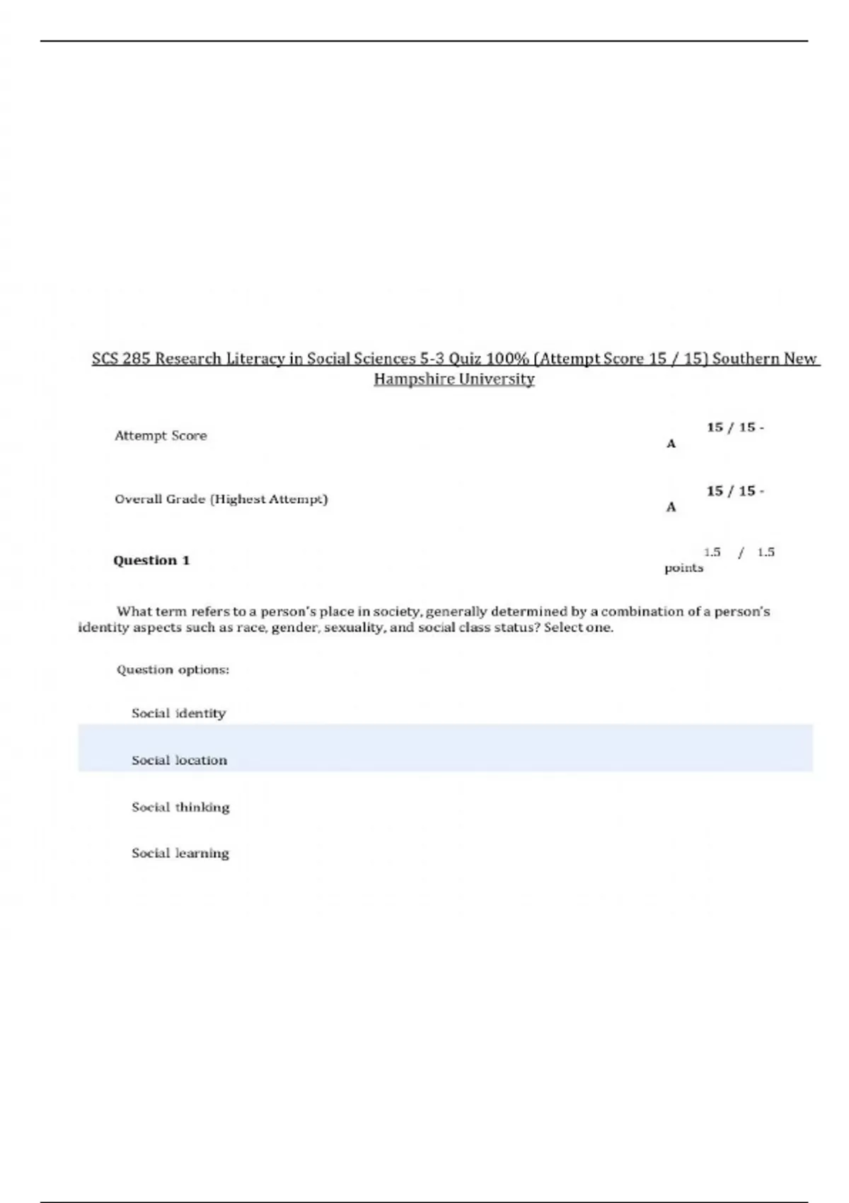SCS 285 Research Literacy in Social Sciences 5-3 Quiz 100% (Attempt ...