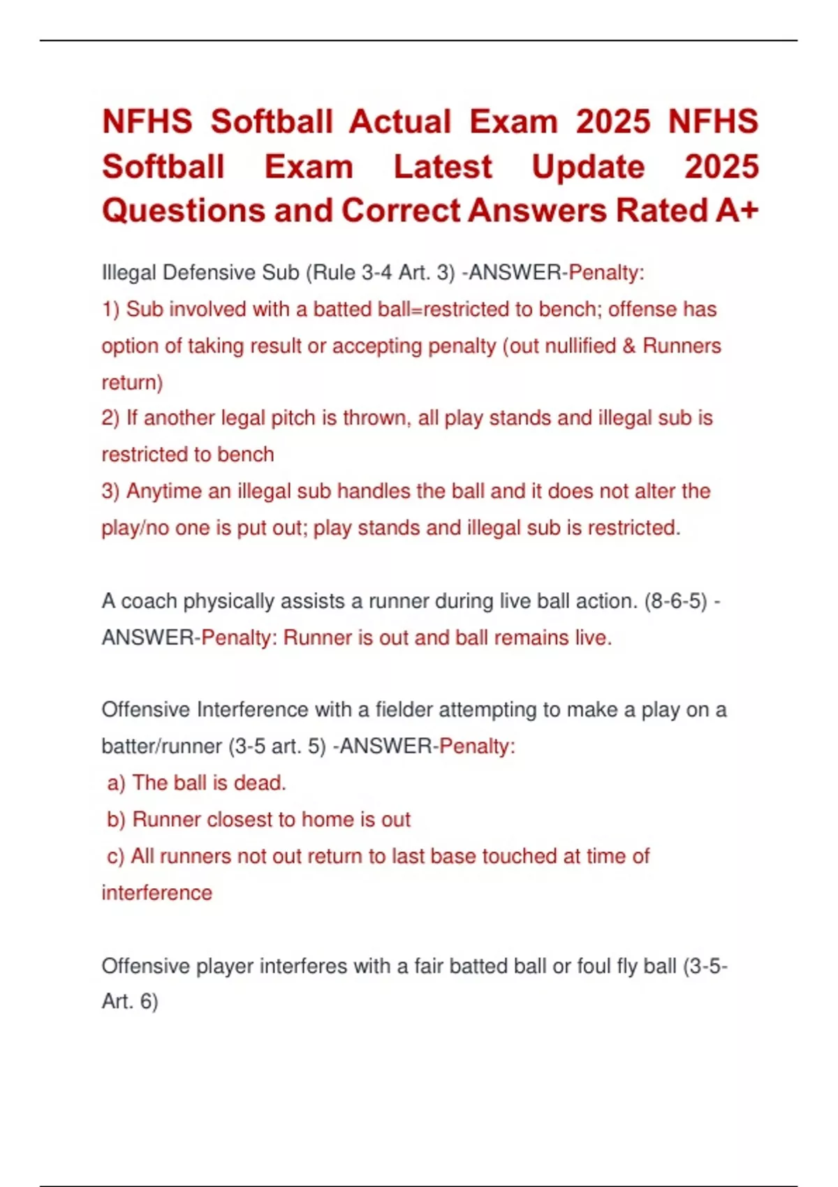 NFHS Softball Actual Exam 2025 NFHS Softball Exam Latest Update 2025 ...