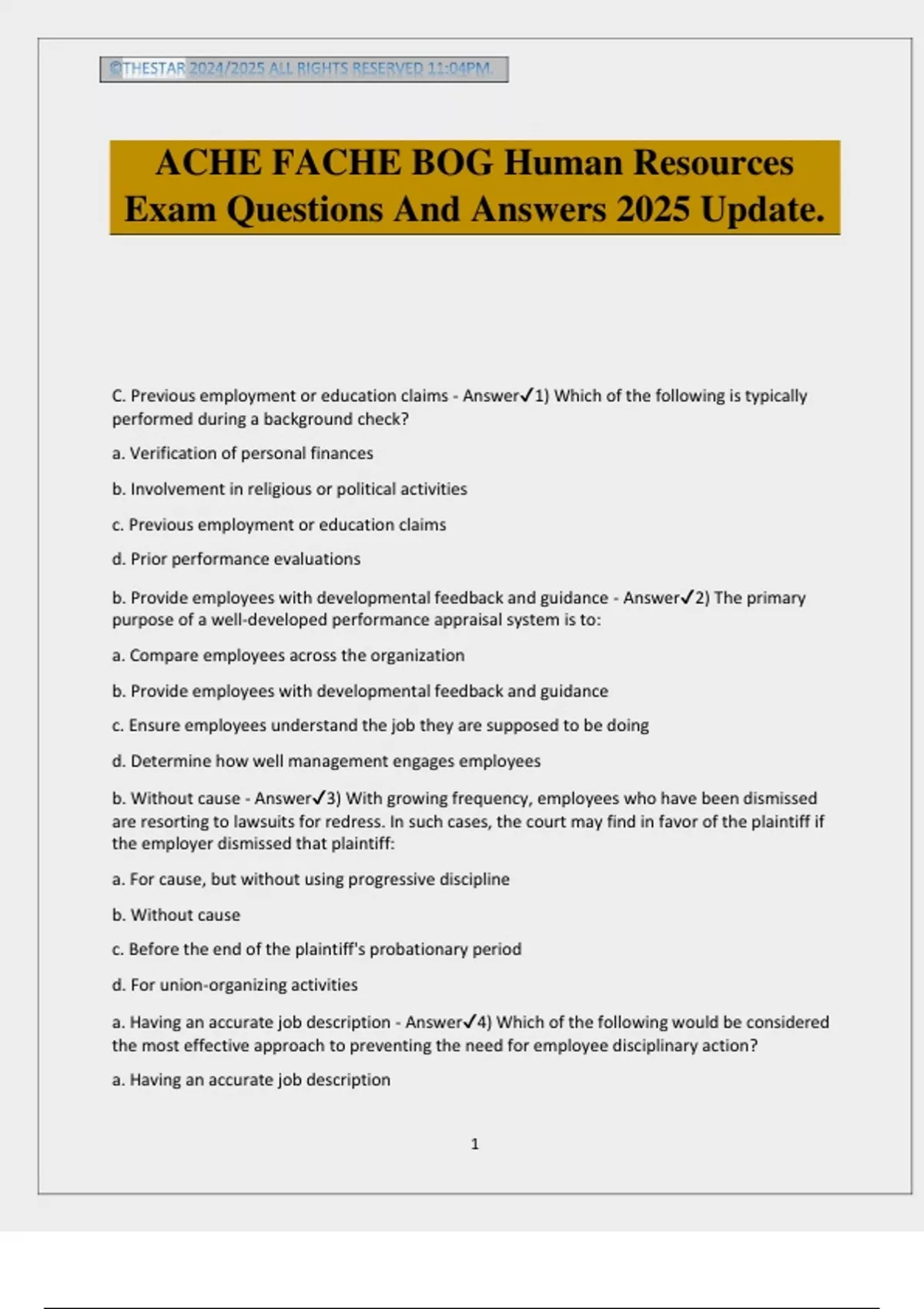 ACHE FACHE BOG Human Resources Exam Questions And Answers 2025 Update ...