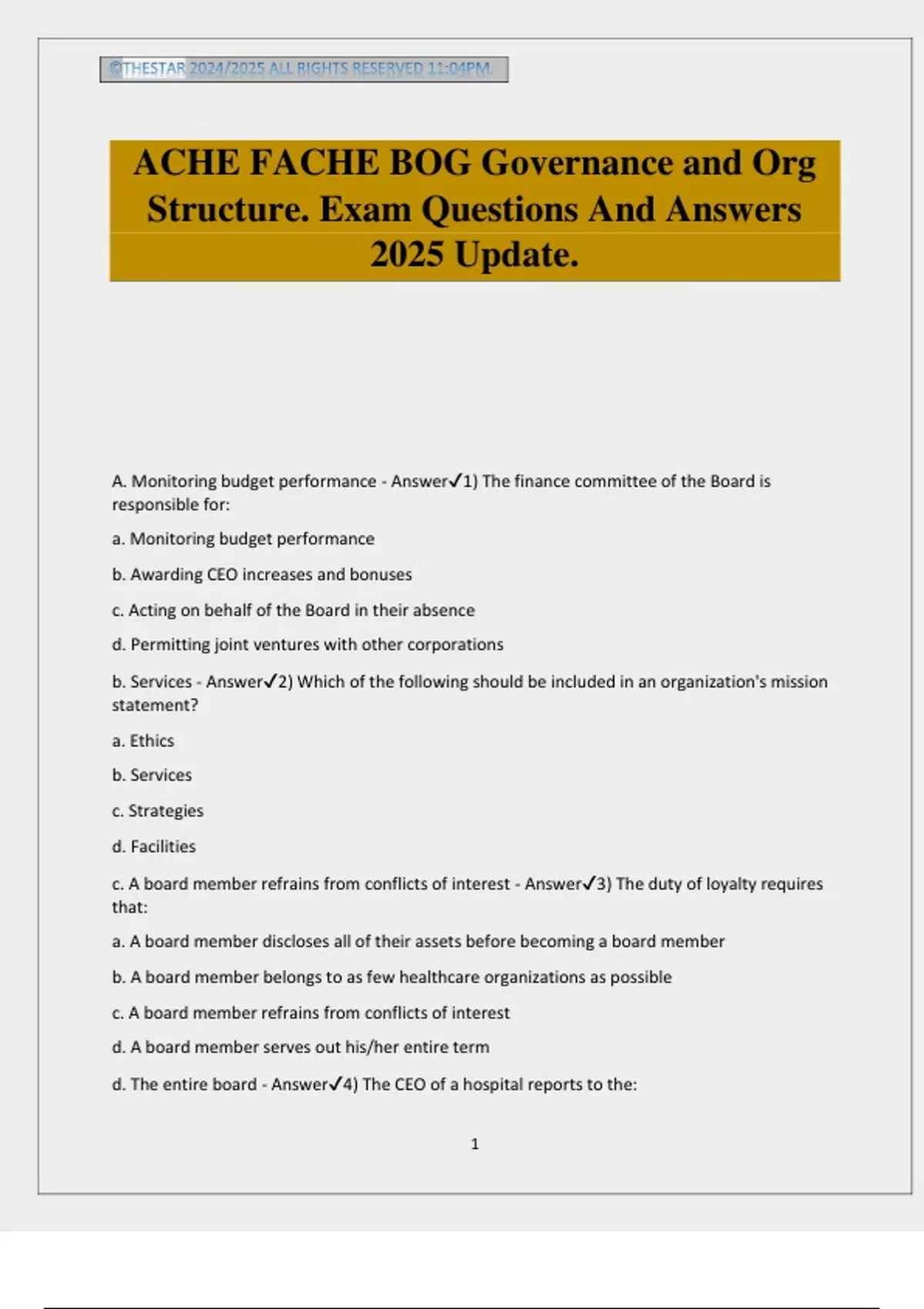 ACHE FACHE BOG Governance and Org Structure. Exam Questions And Answers ...