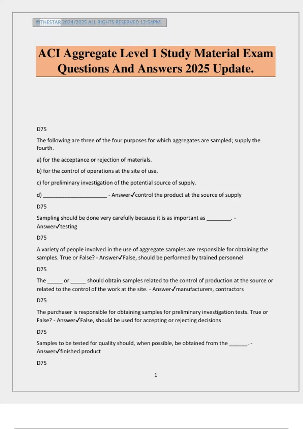 ACI Aggregate Level 1 Study Material Exam Questions And Answers 2025 ...