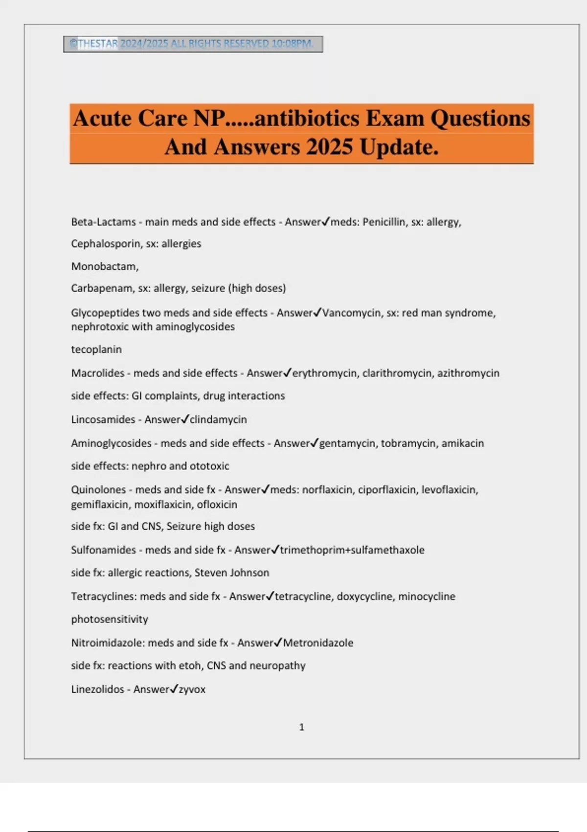 Acute Care NP.....antibiotics Exam Questions And Answers 2025 Update ...