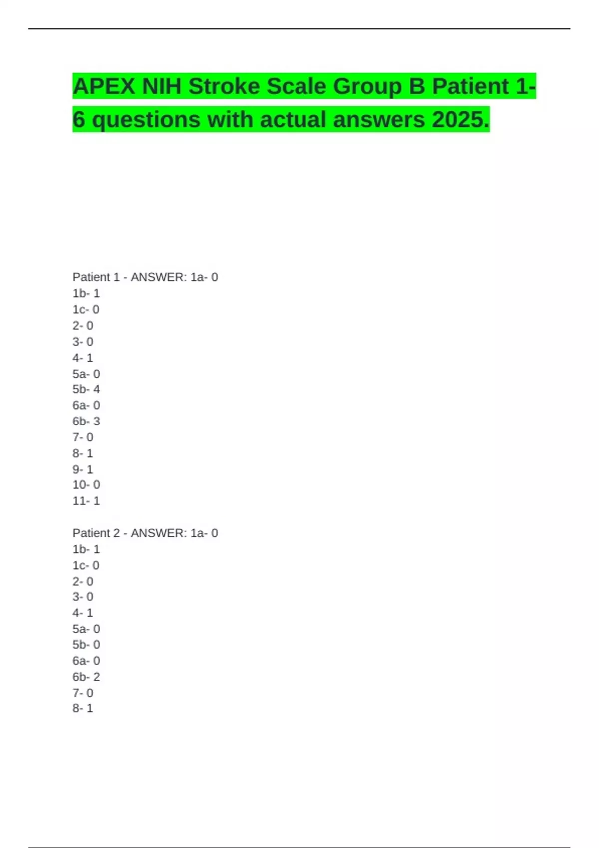 APEX NIH Stroke Scale Group B Patient 1-6 questions with actual answers ...