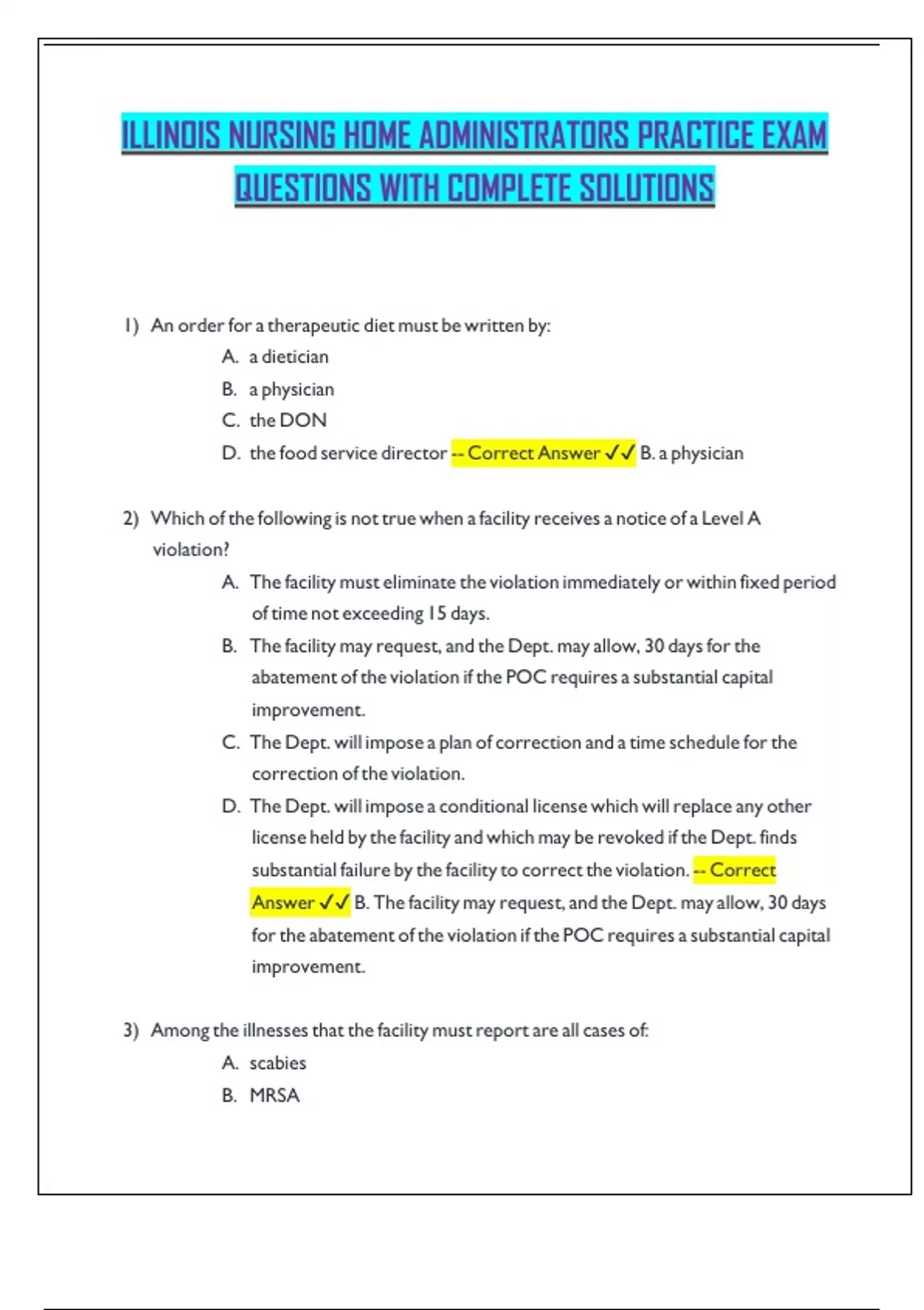 ILLINOIS NURSING HOME ADMINISTRATORS PRACTICE EXAM QUESTIONS WITH COMPLETE SOLUTIONS - Nursing ...