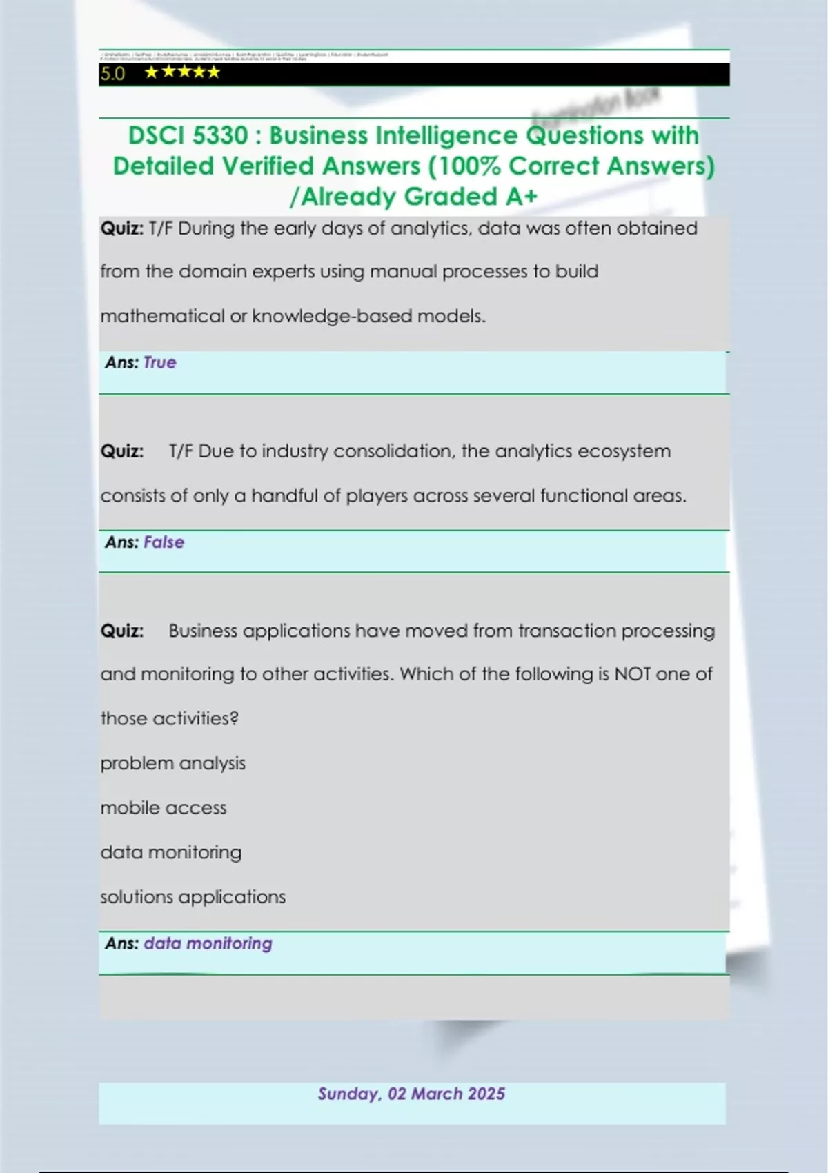 DSCI 5330 : Business Intelligence Questions with Detailed Verified Answers (100% Correct Answers ...