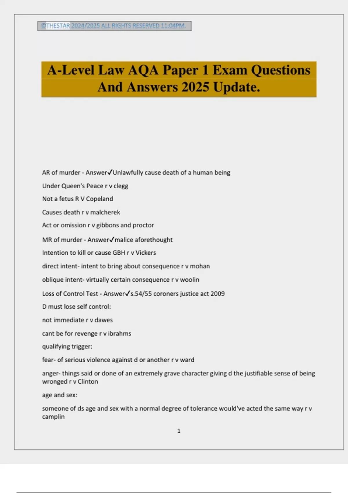 A-Level Law AQA Paper 1 Exam Questions And Answers 2025 Update. - AQA A ...