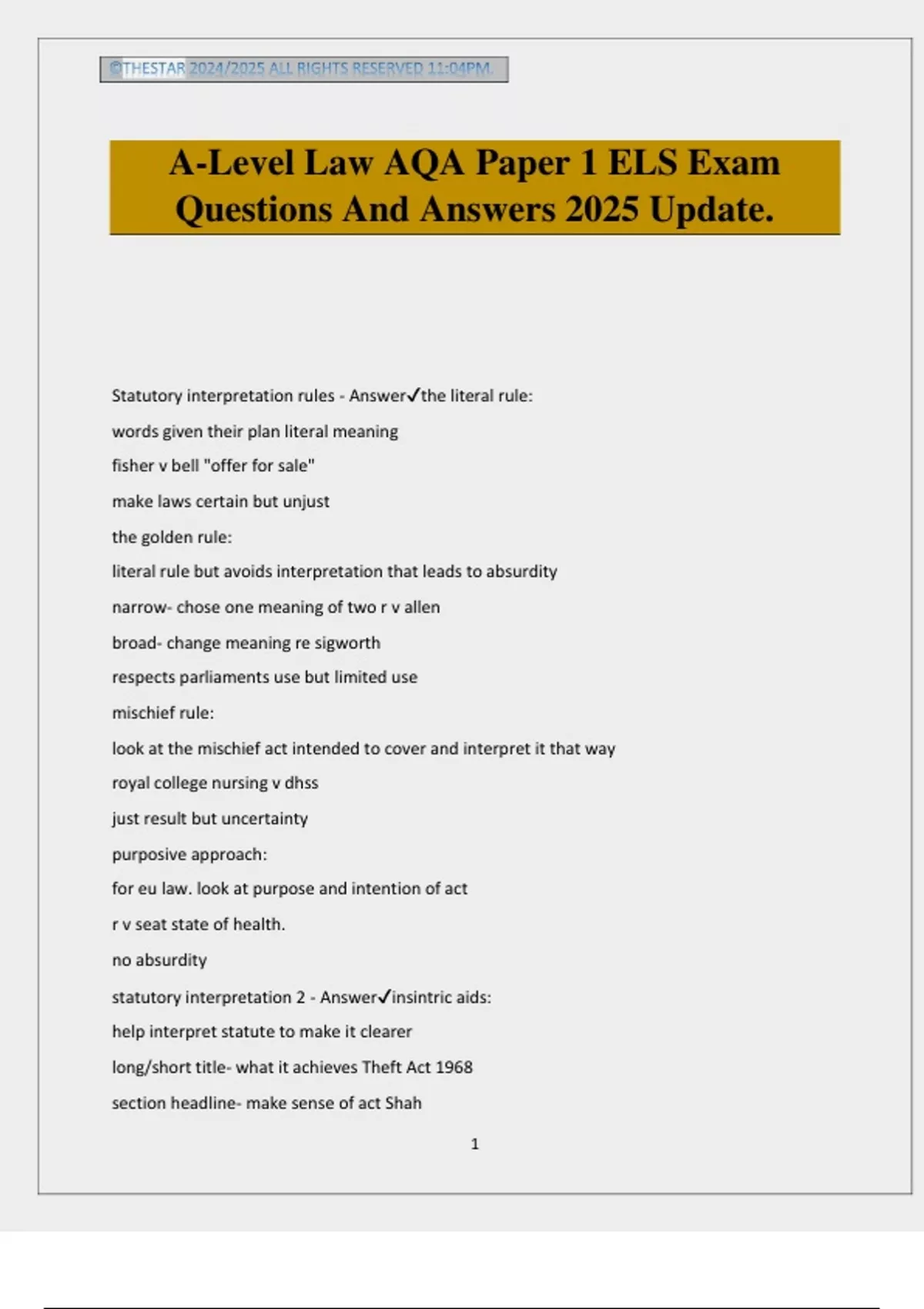 A-Level Law AQA Paper 1 ELS Exam Questions And Answers 2025 Update ...