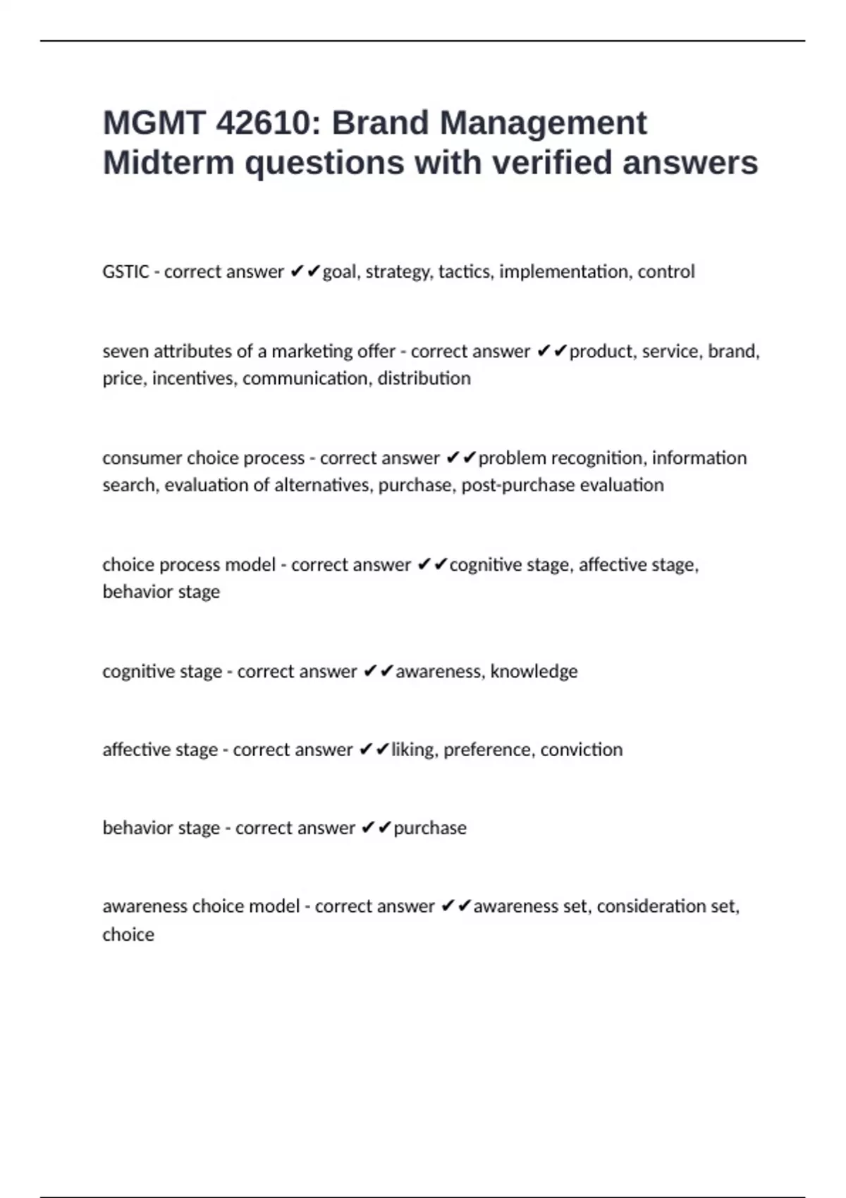 MGMT 42610: Brand Management Midterm questions with verified answers - MGMT 42610 - Stuvia US