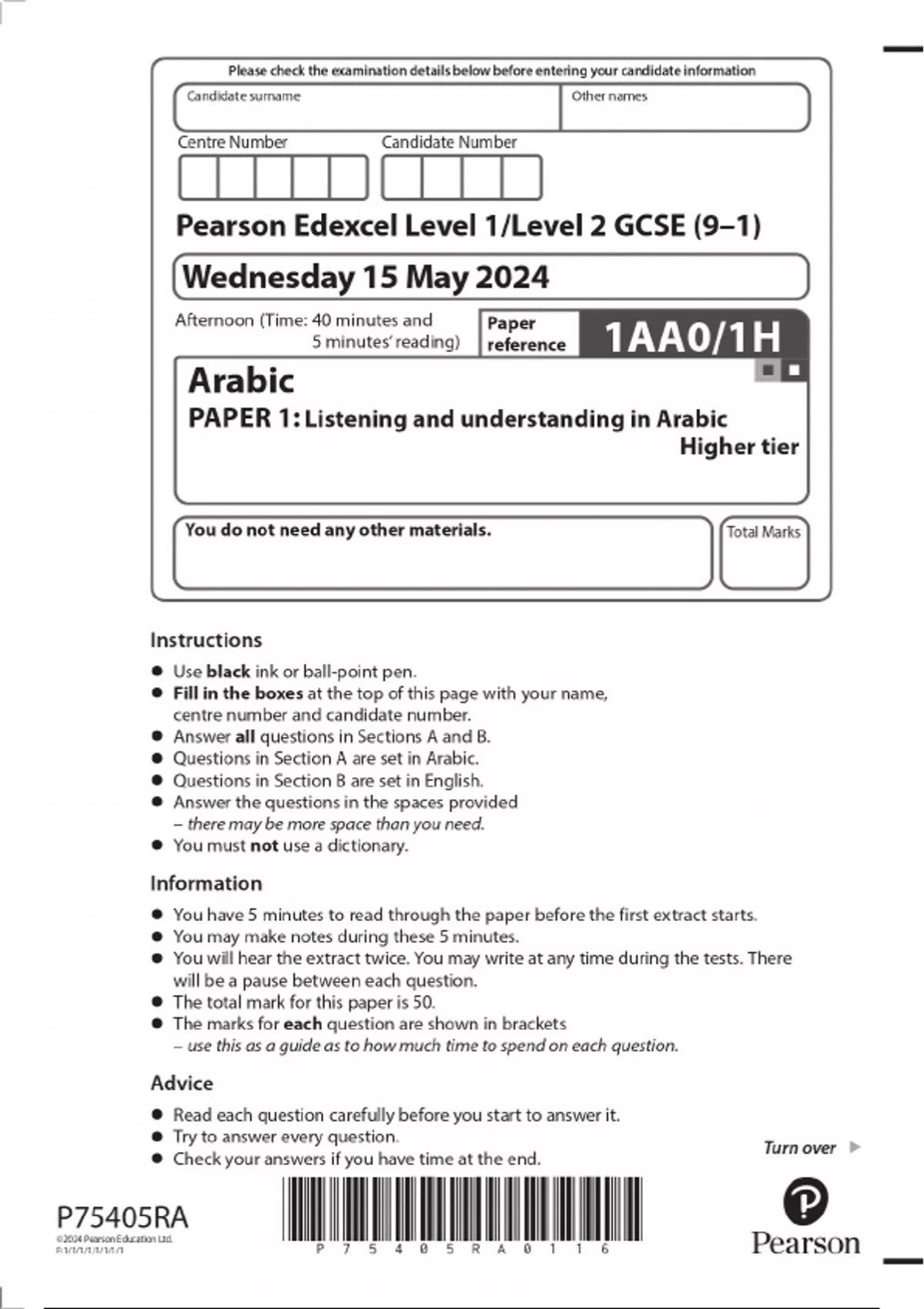 Pearson Edexcel Level 1/Level 2 GCSE (9–1) Arabic PAPER 1: Listening ...