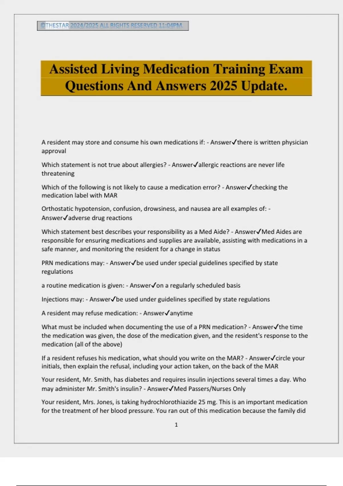 Assisted Living Medication Training Exam Questions And Answers 2025 ...