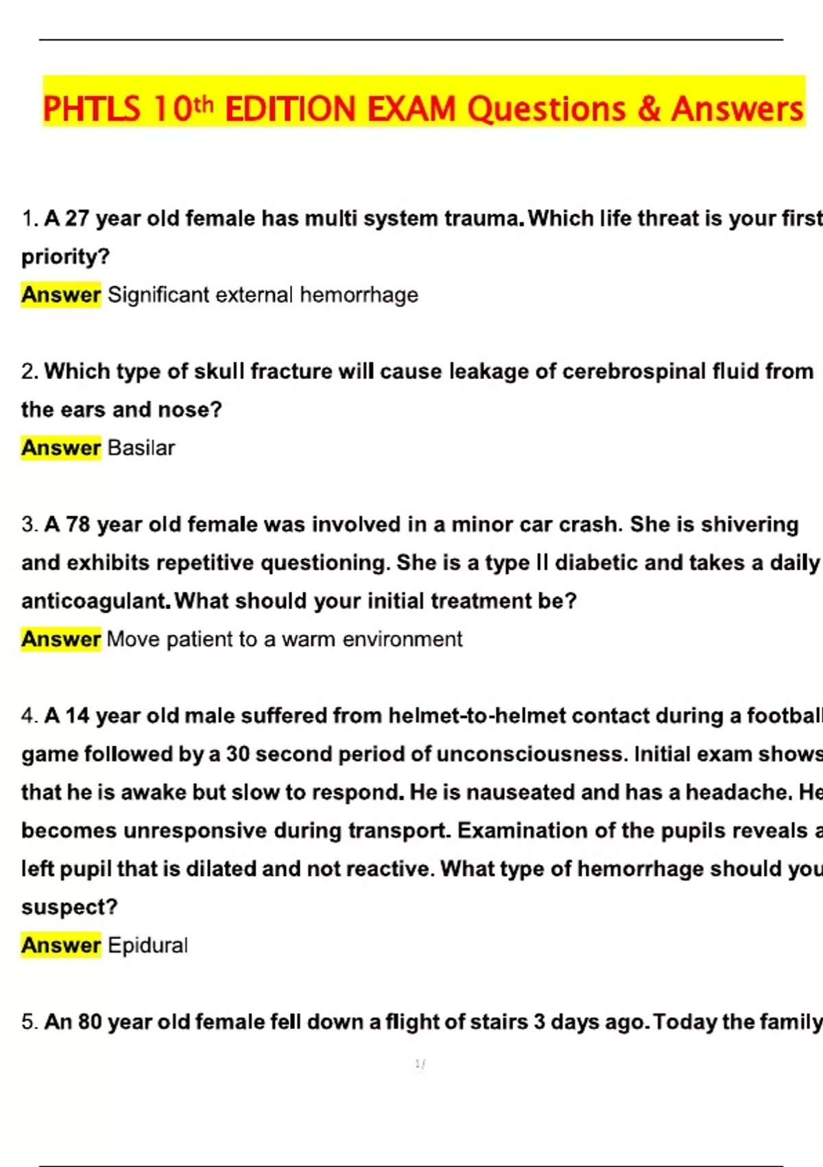 PHTLS BUNDLED EXAMS PHTLS FINAL EXAM PHTLS 8th, 9th, 10th EDITION ...