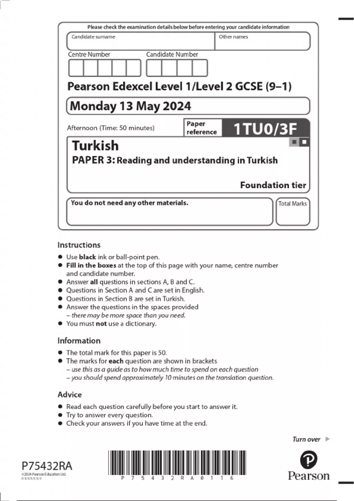 Pearson Edexcel Level 1/Level 2 GCSE (9–1) Turkish PAPER 3: Reading and ...