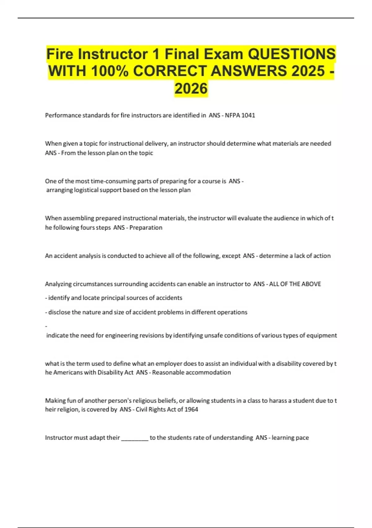 Fire Instructor 1 Final Exam QUESTIONS WITH 100% CORRECT ANSWERS - Fire ...