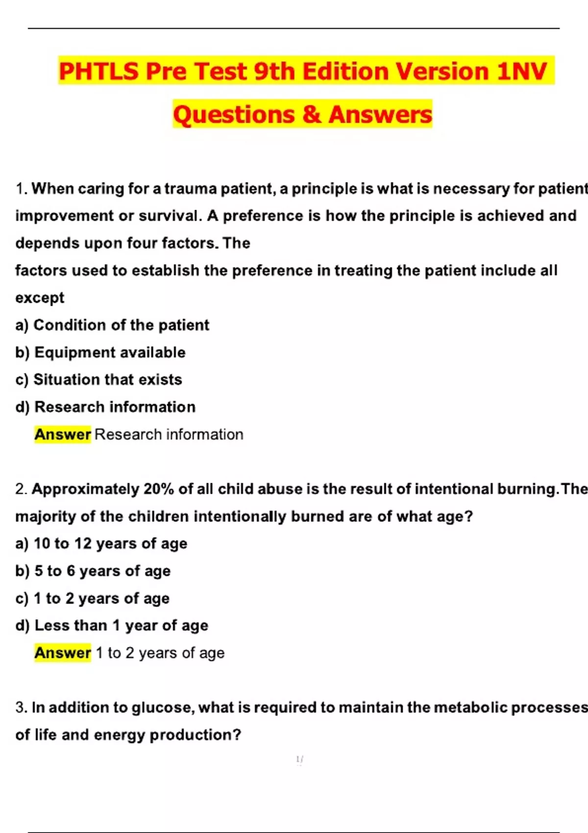 PHTLS Pre-Test 9th edition Version 1NV (Latest 2025 / 2026 Update ...