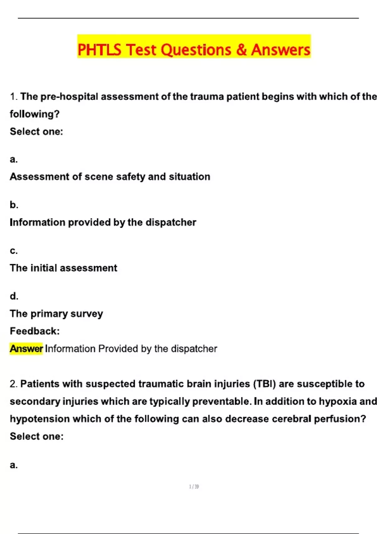 PHTLS Test Questions (Latest 2025 / 2026 Update) Questions and Verified ...