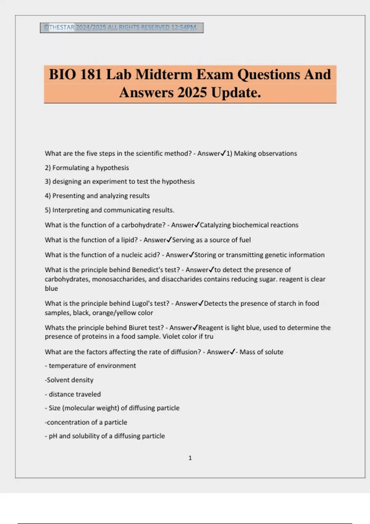 BIO 181 Lab Midterm Exam Questions And Answers 2025 Update - BIO 181 ...