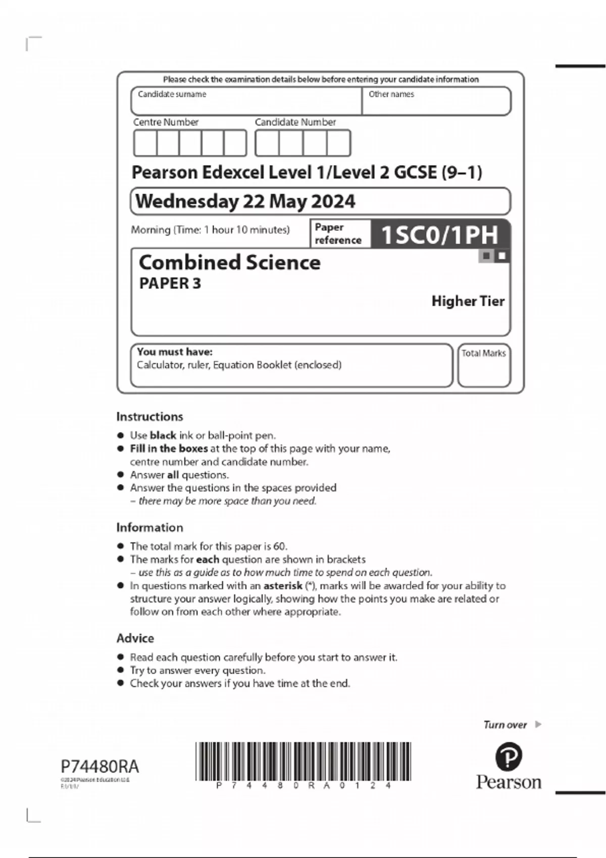 Pearson Edexcel Level 1/Level 2 GCSE (9–1) Combined Science PAPER 3 ...