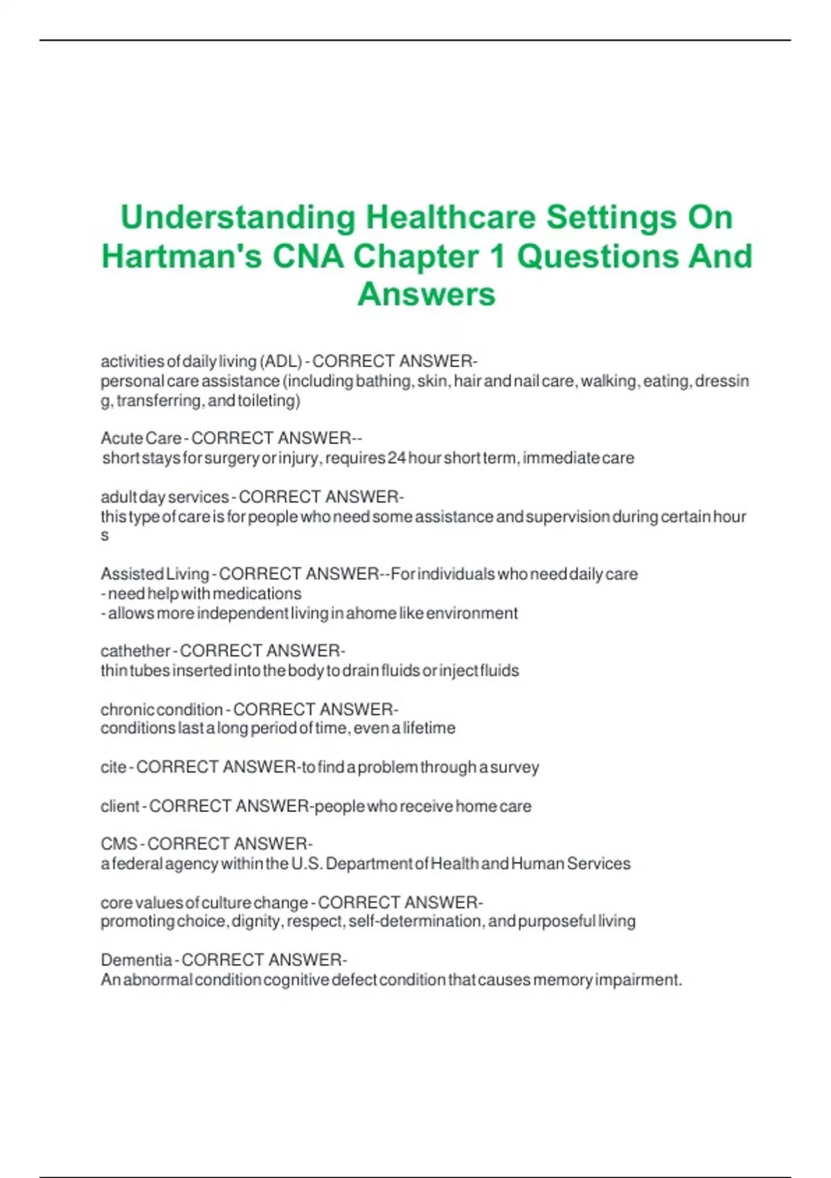 Understanding Healthcare Settings On Hartman's CNA Chapter 1 Questions And Answers ...