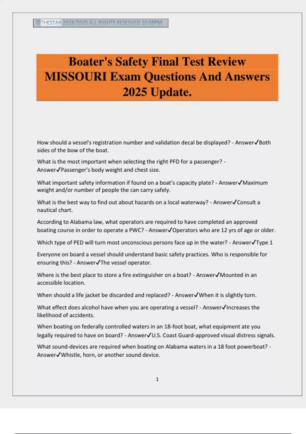 Boater's Safety Final Test Review MISSOURI Exam Questions And Answers ...