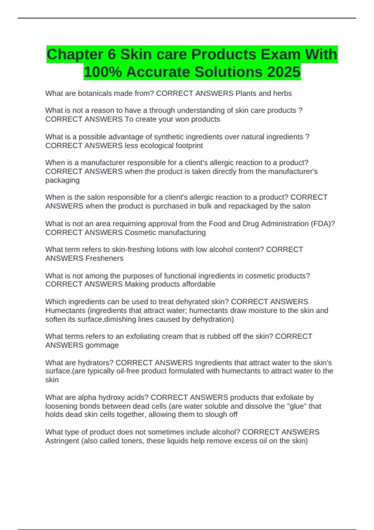 Chapter 6 Skin care Products Exam With 100% Accurate Solutions 2025 ...