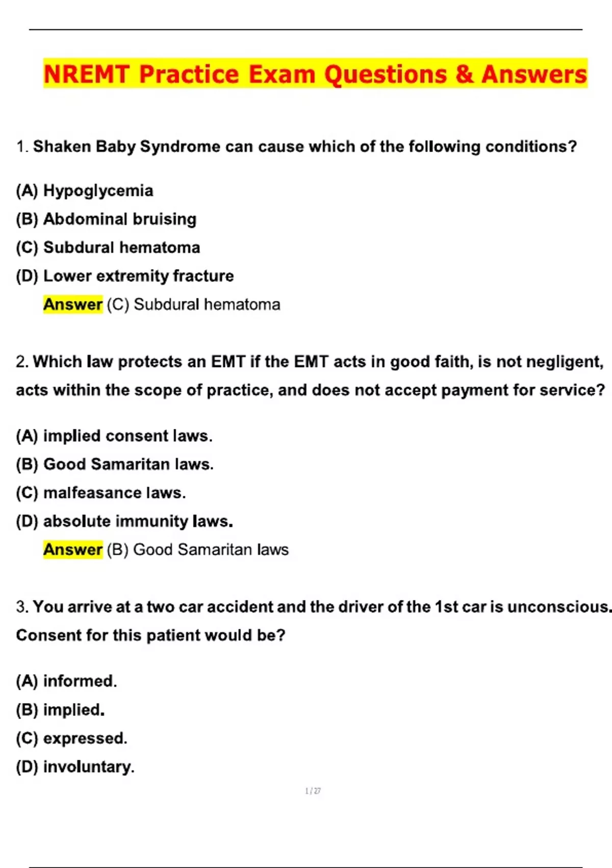 NREMT BUNDLED EXAMS NREMT Practice Exam / NREMT PREP TEST / NREMT ...
