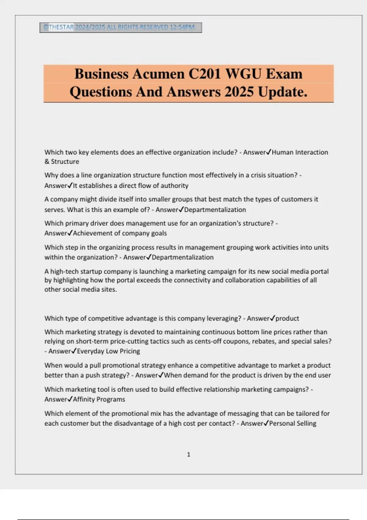 Business Acumen C201 WGU Exam Questions And Answers 2025 Update. - WGU C201 - Stuvia US