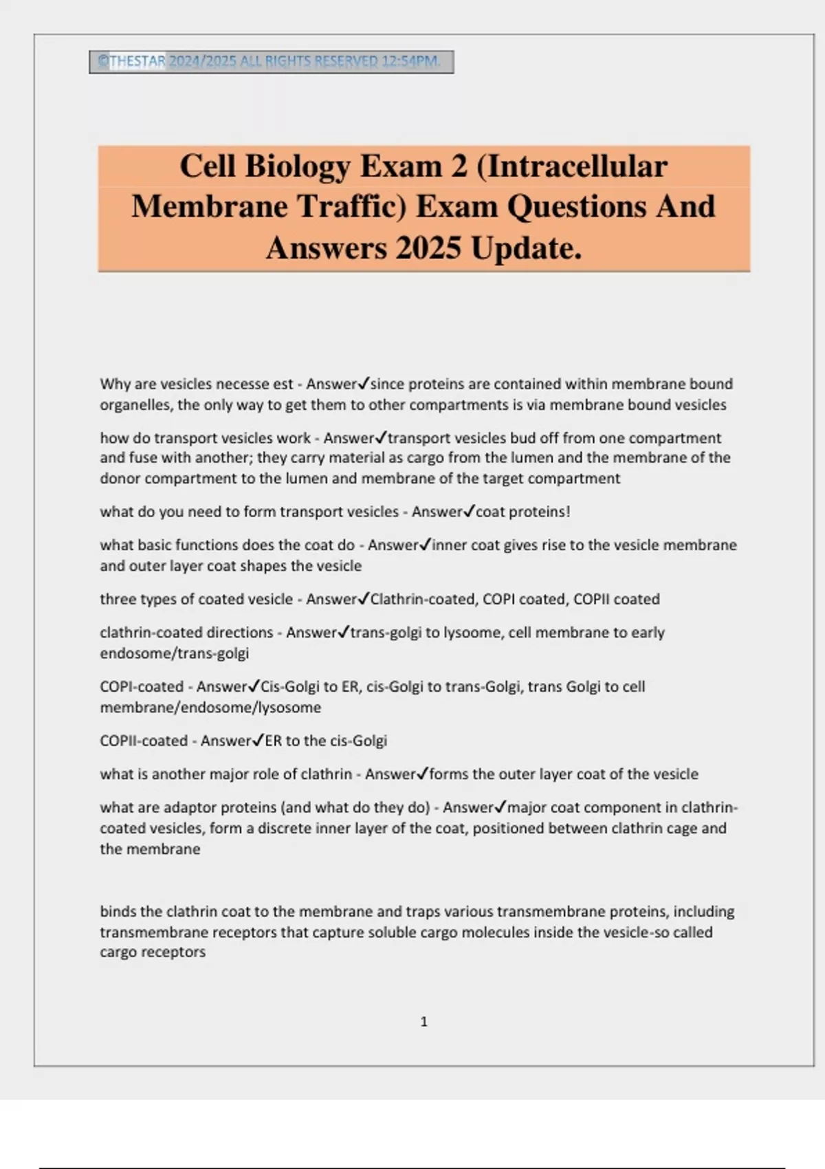 Cell Biology Exam 2 (Intracellular Membrane Traffic) Exam Questions And ...