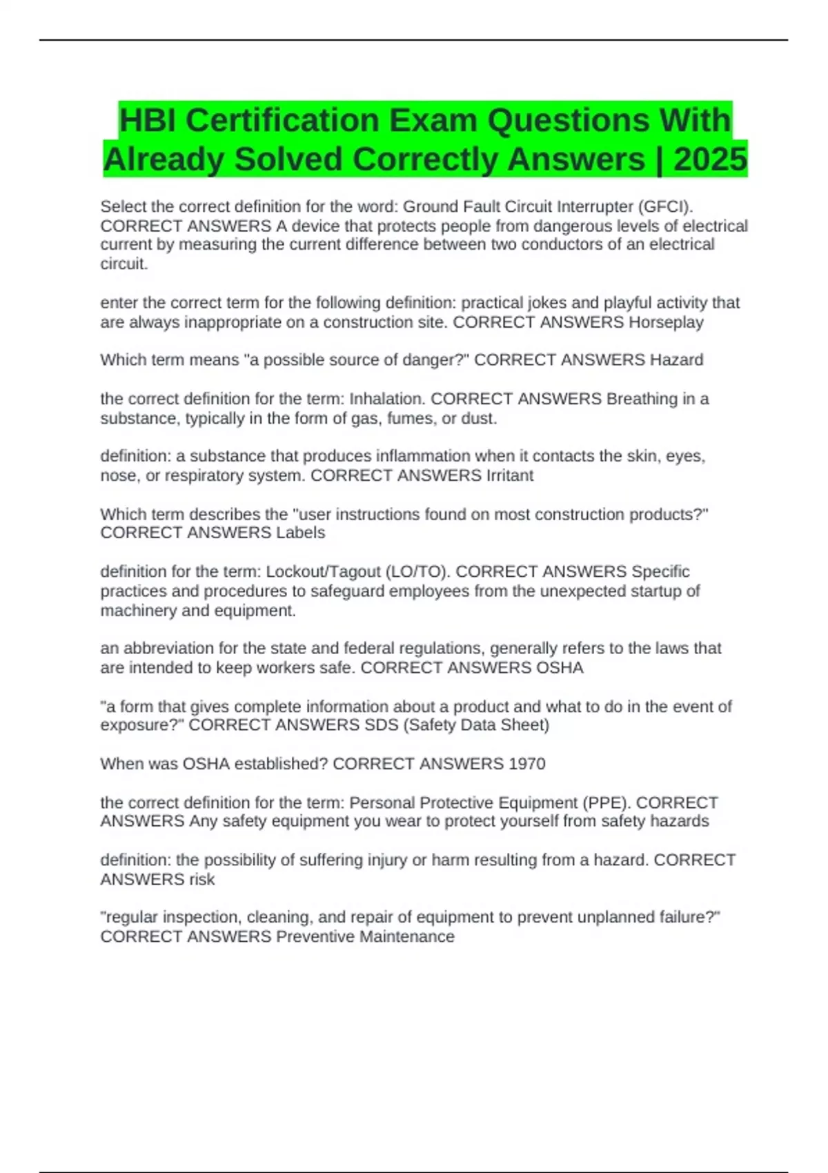 HBI Certification Exam Questions With Already Solved Correctly Answers ...